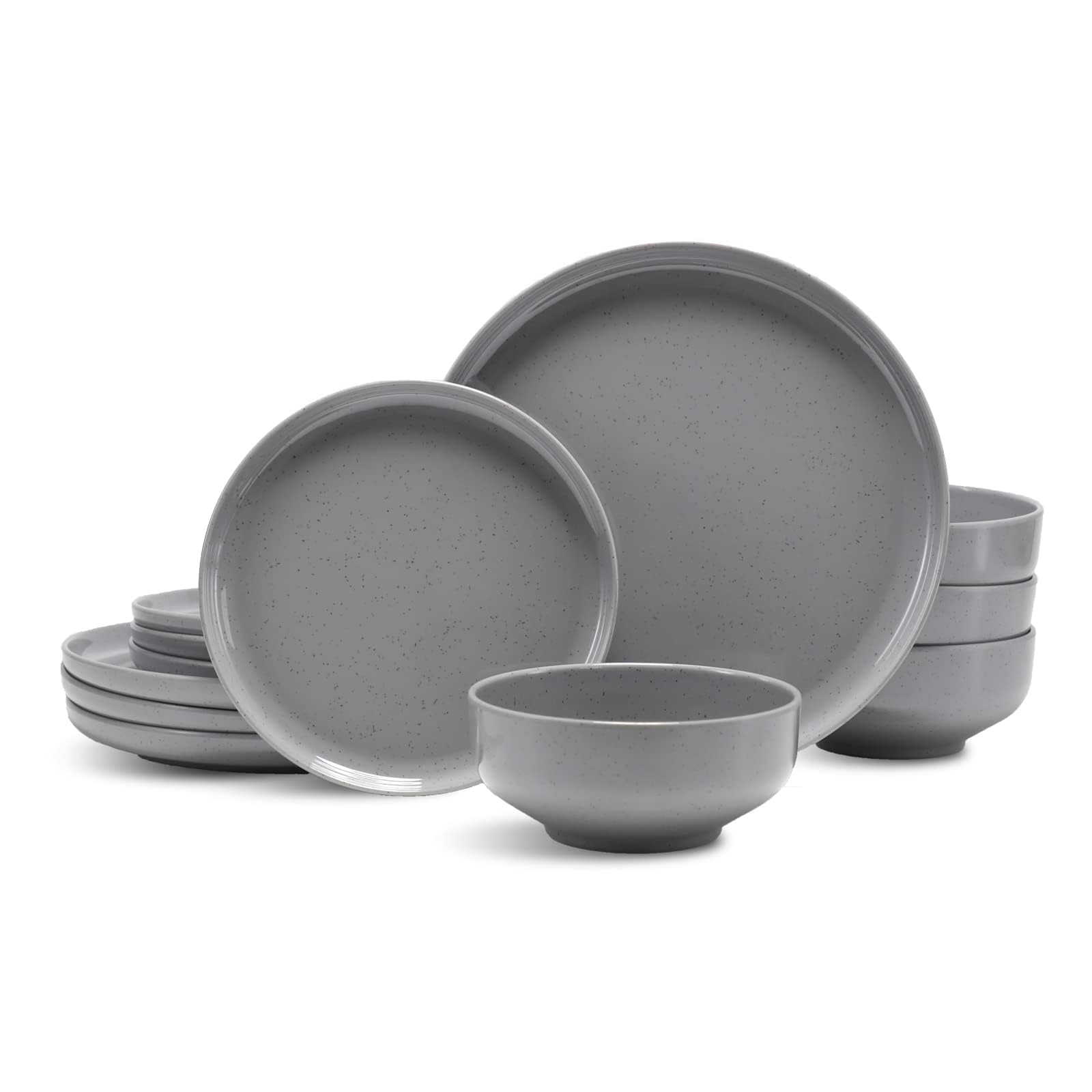 12 Pcs Melamine Dinnerware Sets, Plates and Bowls Sets, Dishes Set for 4, Melamine Plates, Outdoor Dinnerware Set, Lightweight, Unbreakable, Dishwasher Safe,BPA Free (Grey)