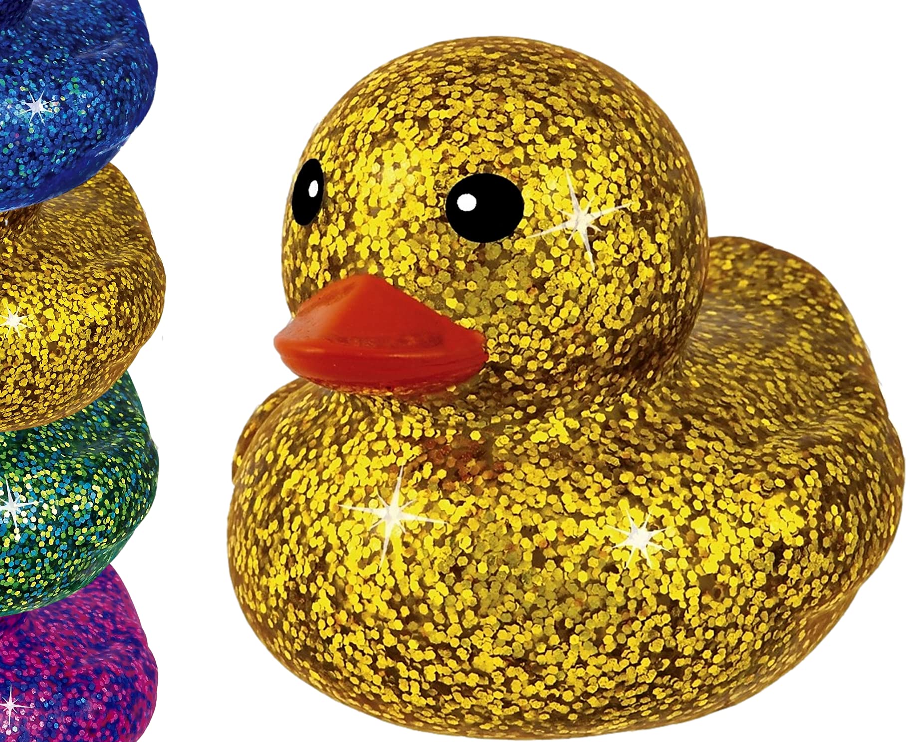 Glitter Rubber Ducks Metallic Colors 3" (1 Unit Assorted) Rubber Duckies Fidget Toy for Kids, Sensory Play, Stress Relief, Stocking Stuffers, Supplies Pinata Filler in Bulk. Plus Sticker. 4343-1