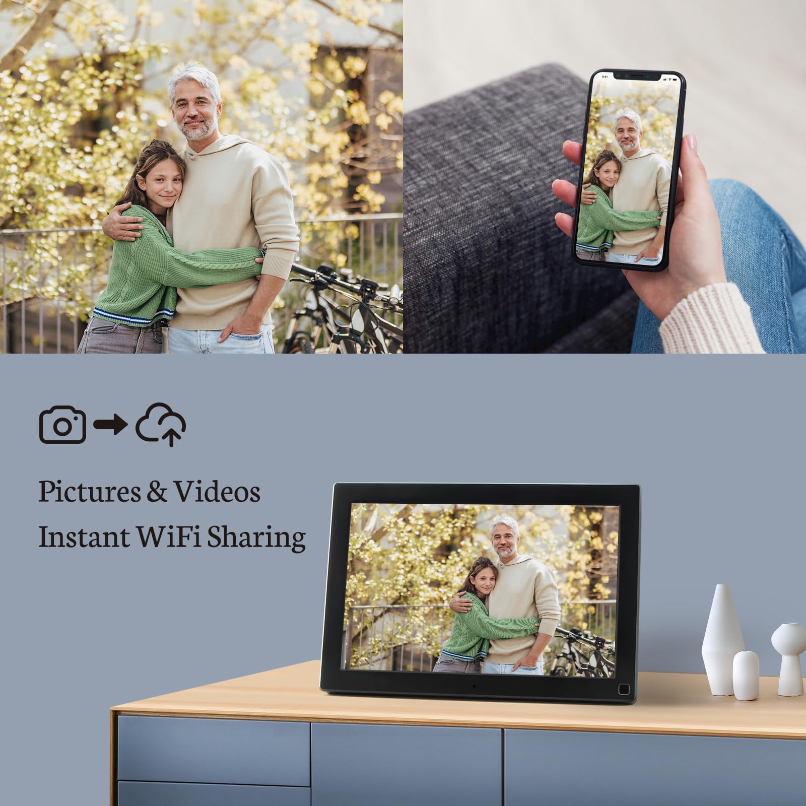 BSIMB Smart WiFi Digital Picture Frame 16GB with Wood Effect, 10.1 Inch HD IPS Display, Instantly Share Photos/Videos via App Email, Easy-to-Use Touch Screen, Auto Rotate in Landscape or Portrait