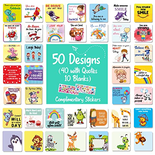 50 Different Design Cards Lunch Notes for Kids, with 20 sheets of Complimentary Puffy Stickers, Lunch Box Notes for Kids Unique Designs, Lunch Box Notes for Boys and Girls, Kids Affirmation Cards