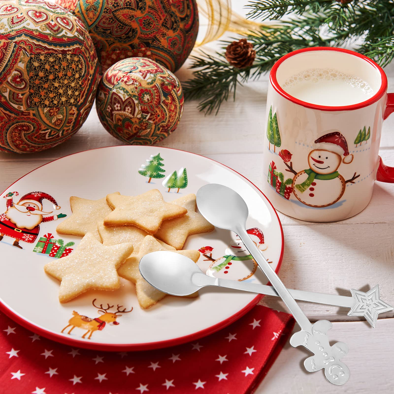 16 Pieces Christmas Spoon Set Christmas Stirring Spoon Creative Stainless Steel Coffee Spoon Tea Spoon Soup Spoon Dessert Spoon for Stirring Drink Mixing Milkshake Jam (4 Styles) (Silver)