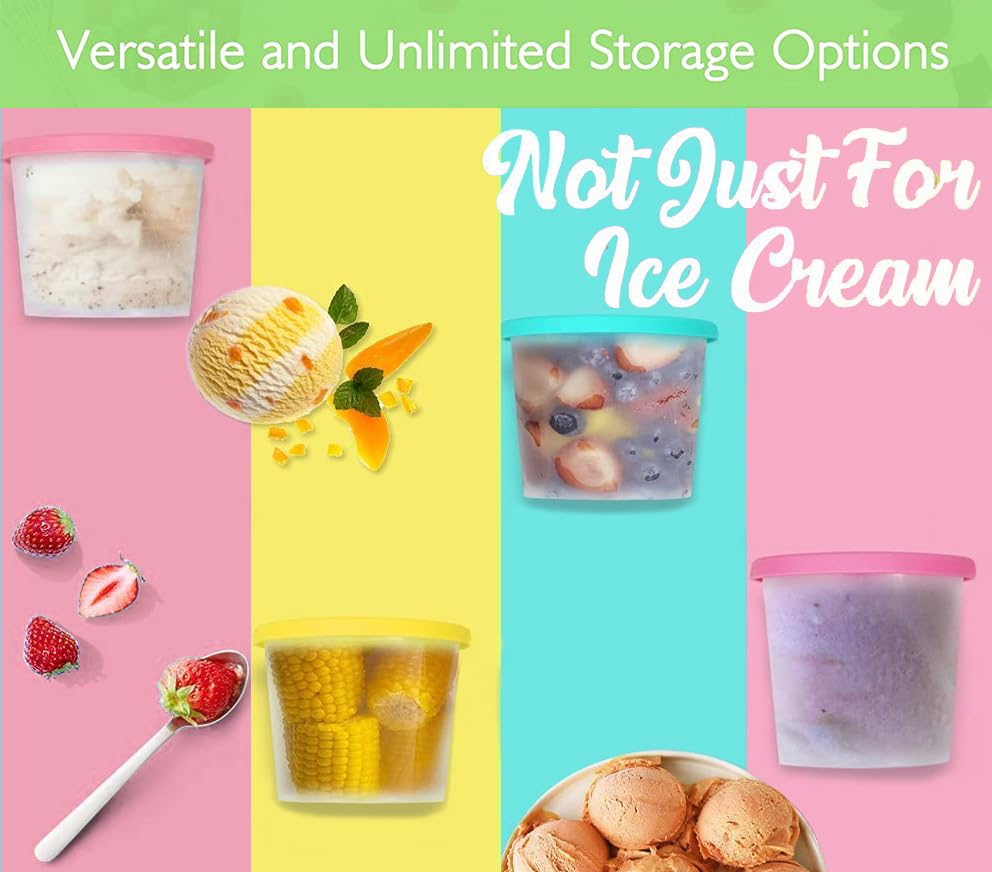 4 Pack Containers Extra Replacement for Ninja Creami Pints and Lids, (16oz) Cups Compatible with NC301 NC300 NC299AMZ Series Ice Cream Maker - Dishwasher Safe, Leak Proof Lids Pink-Mint-Grey-Blue