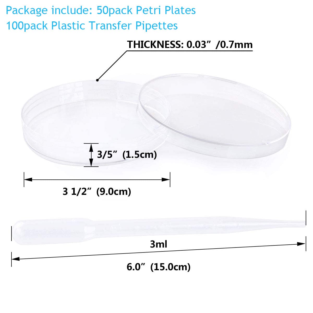 50 Pack Plastic Petri Dishes with Lid, 90mm Dia x 15mm Deep Sterile Petri Plates with 100 Pack 3 ml Plastic Transfer Pipettes, Petri Dish Set for Lab, Experiment, Biology, Microbiology Studies