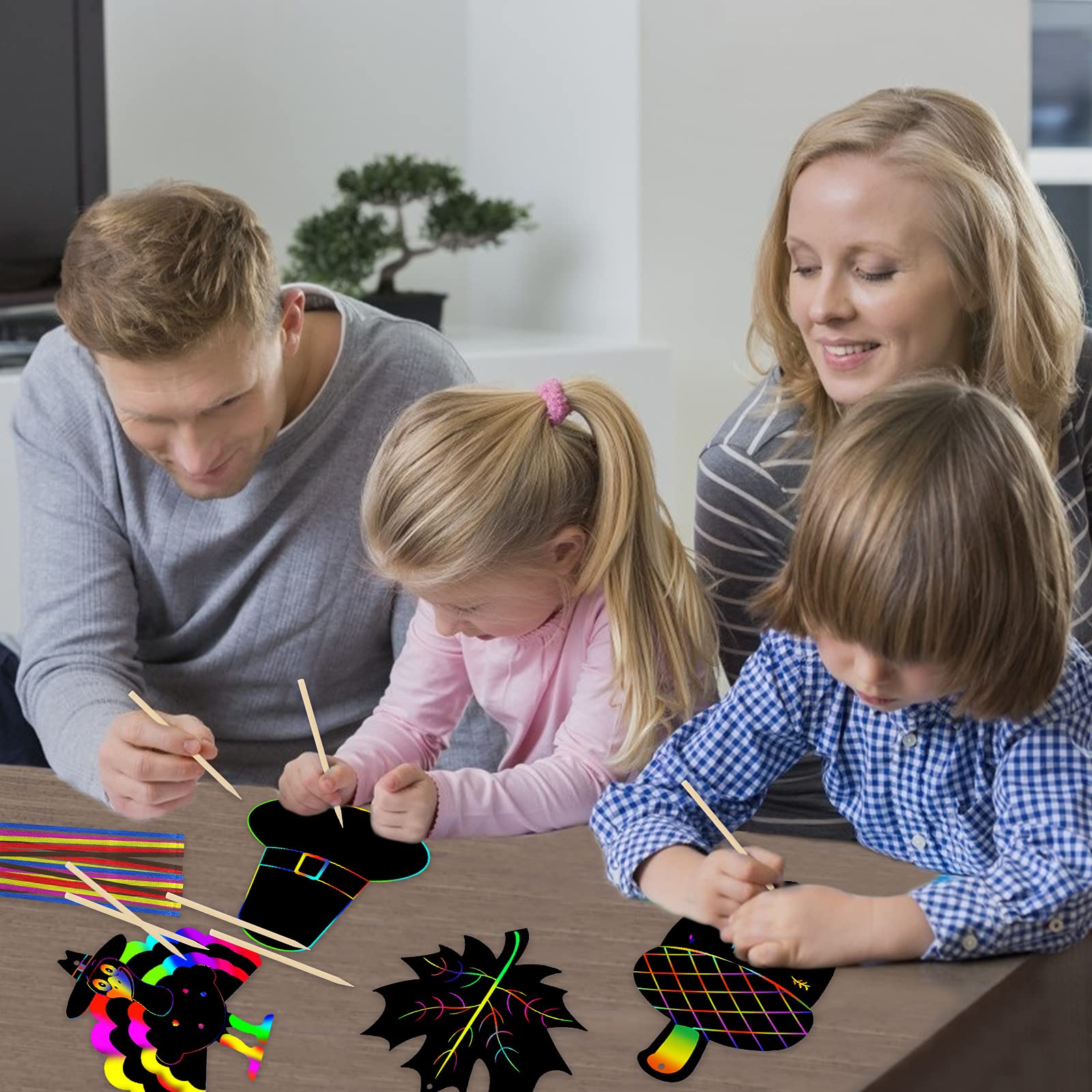50 Pack Thanksgiving Scratch Art Paper Crafts Kit, Fall Thanksgiving Rainbow Paper Crafts Kit for Kids, DIY Pumpkin Turkey Maple Hanging Ornaments for Thanksgiving Fall Harvest Party Decoration