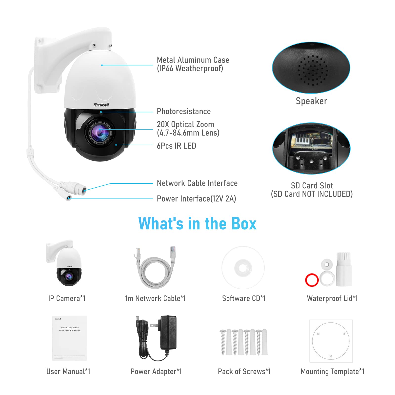 4K 8MP Outdoor POE PTZ Camera, Auto-Tracking Security IP Camera with 20X Optical Zoom, IR Night Vision Person/Vehicle/Pet Detection, Built-in 2-Way Audio Support Up to 128GB SD Card (Not Included)