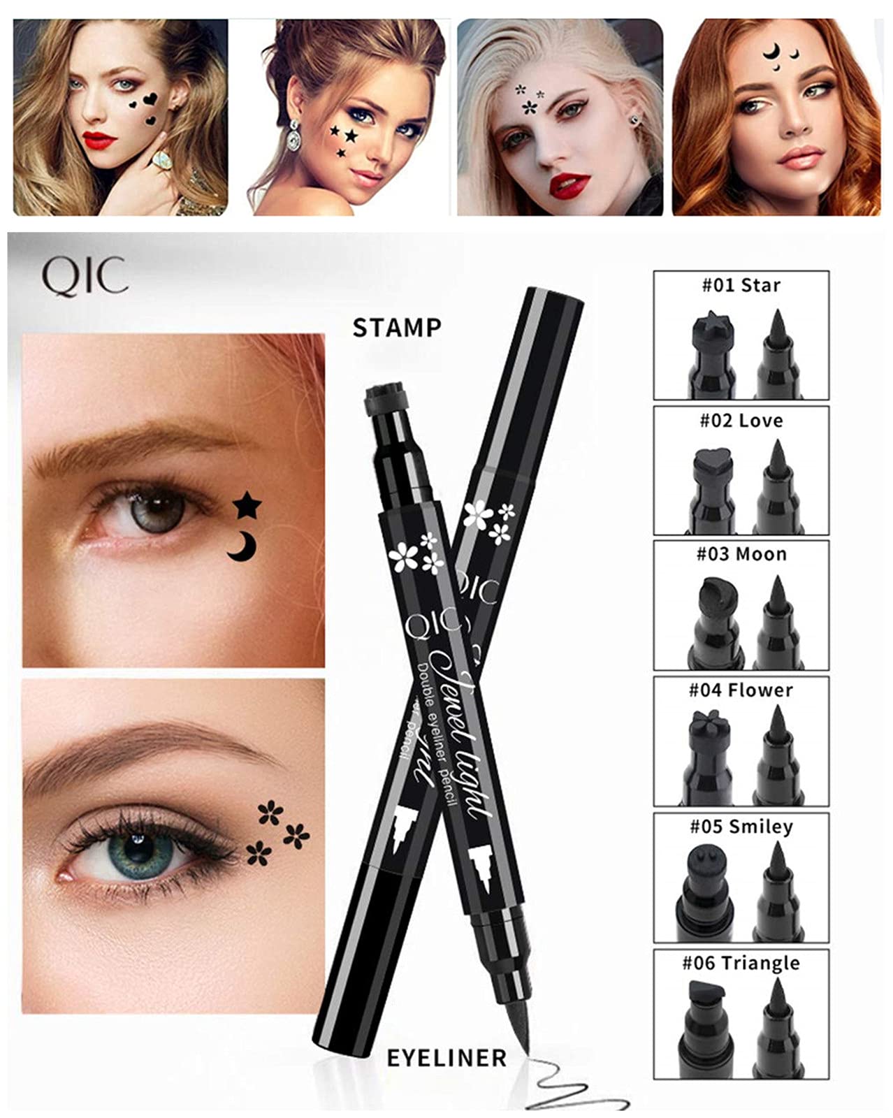 Go Ho 6 PCS Eyeliner Stamps,Double-sided Super Slim Gel Felt Tip High Black Eye Liner Pen,Waterproof Smudge-Proof Smooth Eyeliner Makeup Tools(6 Shapes)