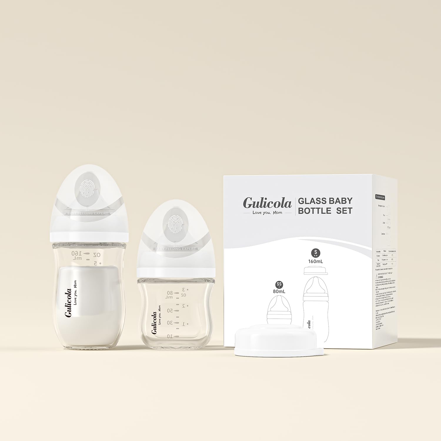 Gulicola Natural Glass Baby Bottle Newborn Set, 3 oz and 5 oz with Extra Slow Flow & Slow Flow Nipple, Anti Colic, 0-3 Months, 2 Pack - White
