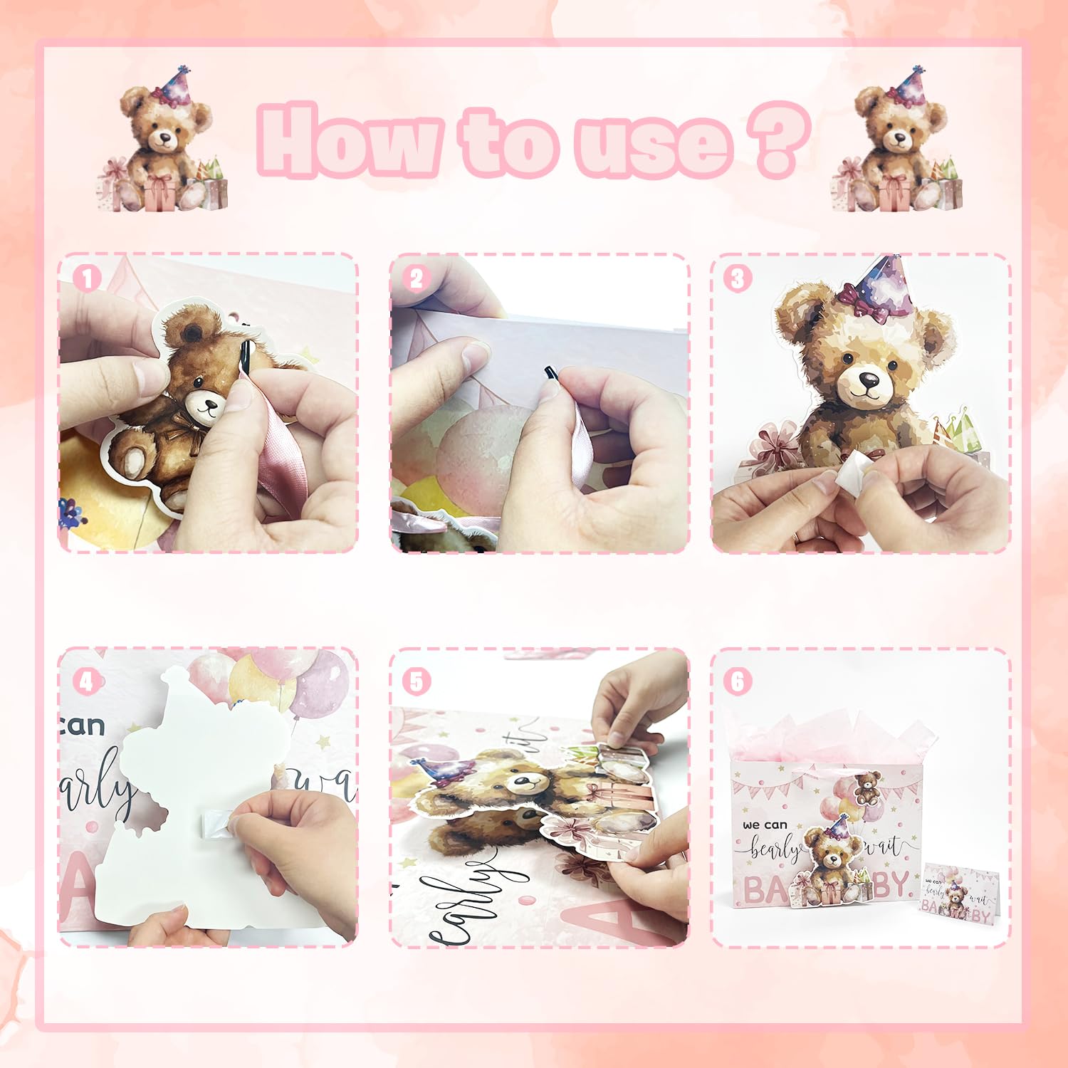 16" Large Baby Girl Gift Bag, 3D Making Pink Bear Baby Gift Bag with Handle, Tissue Paper and Greeting Card