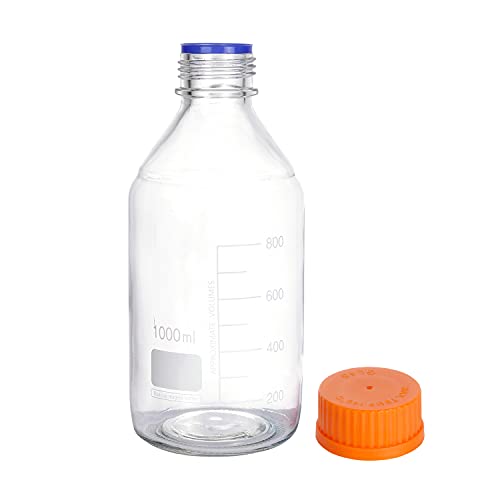 Pastein 4 Pieces 1000 mL Graduated Round Reagent Media/Storage Glass Bottle With GL45 Orange Polypropylene Screw Cap