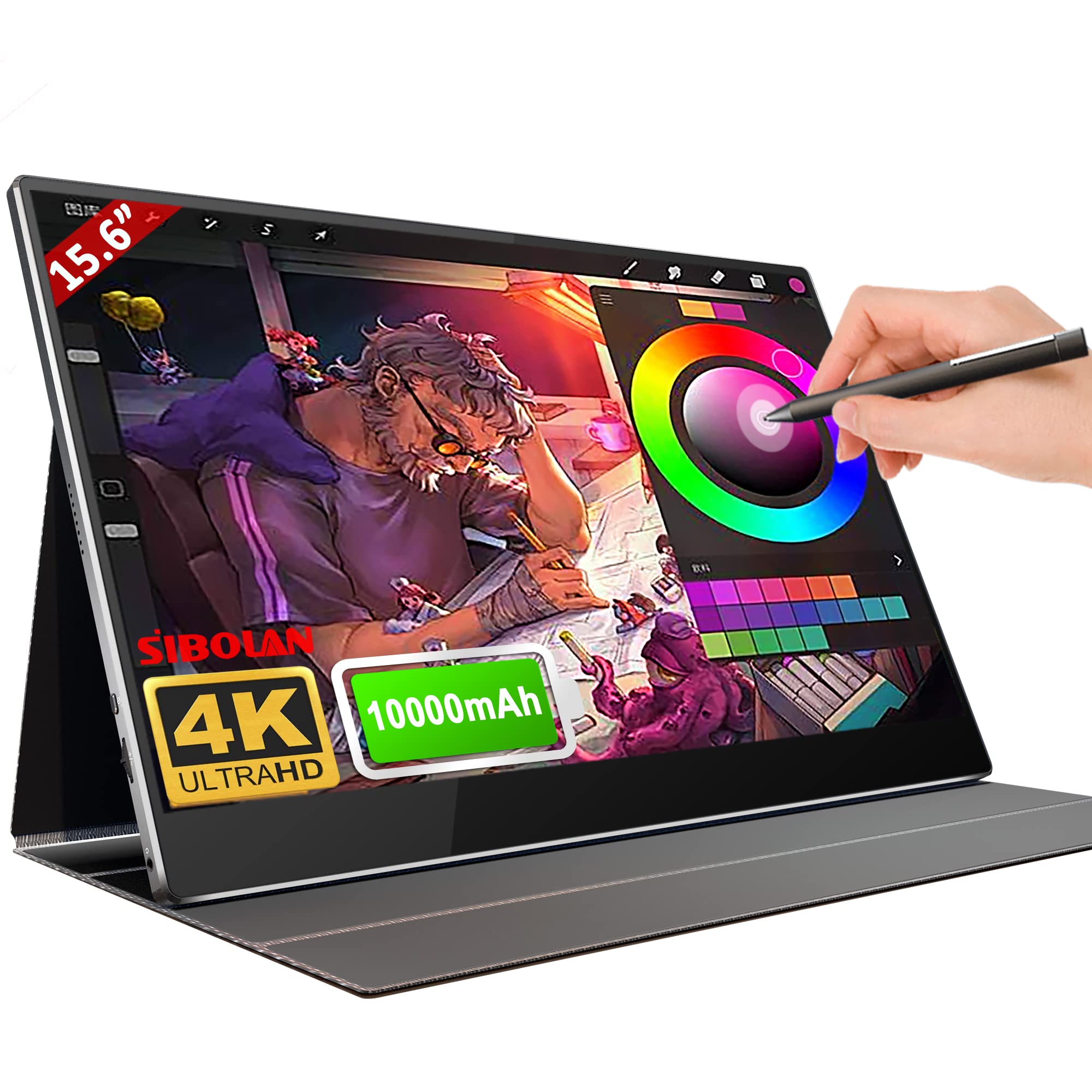 sibolan Portable Monitor,15.6 inch 4K 600cd/m2 UHD Touch Screen LCD Panel Built-in Battery Support Type c HDR Monitor for Laptop for ps5 with Leather Case