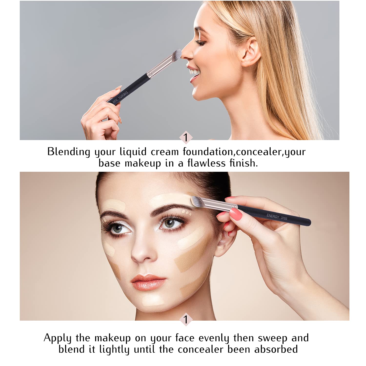 ENERGY Angled Flat Concealer Brush Under Eye Concealer Nose Contour Brush for Bronzer Liquid Foundation Cream Cosmetic Press Powder Concealer Palette Blending Buffing Stippling Brush Small 370S