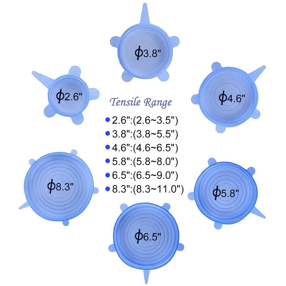12 pcs Silicone Stretch lids set, 6 Sizes, Reusable Food Storage Covers ,Silicone Bowl Covers,Flexible to Fit All Shape of Containers, Food Cover to Keep Food Fresh (blue,white)