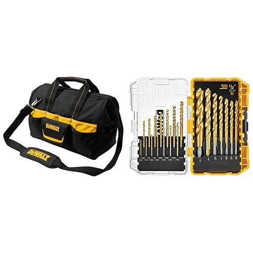 DEWALT DG5543 16 in. 33 Pocket Tool Bag + DEWALT Titanium Nitride Coated Drill Bit Set, Pilot Point, 21-Piece (DW1361)