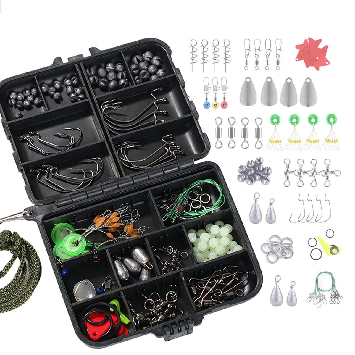 165pcs Fishing Accessories Kit Including Jig Hooks Sinker Weights Sinker Slides Fishing Line Beads Three Way Cross-line Barrel swivels Barrel swivels Luminous Bead Sequins with Tackle Box