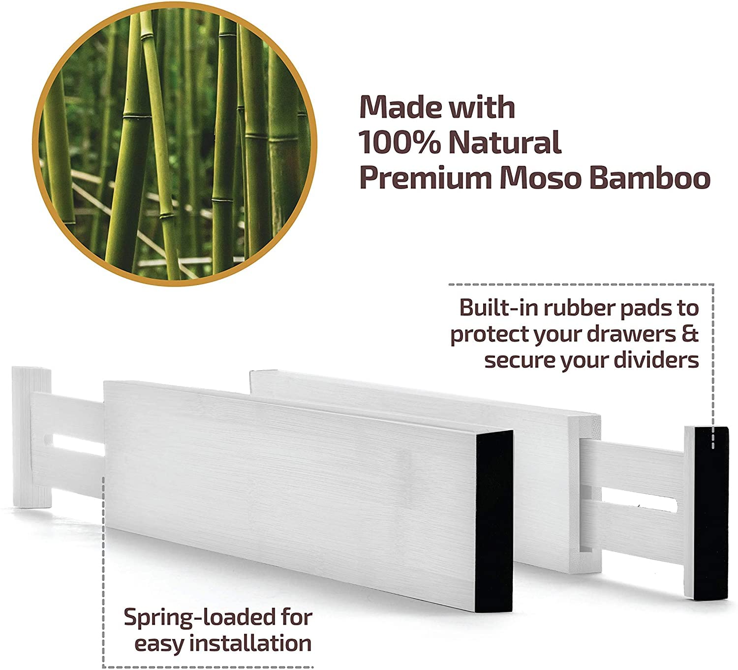 4 Pack Drawer Dividers Bamboo 2.6" High, 16-22" Adjustable Drawer Organizers for Clothes, Expandable Dresser Separators in Bedroom/Bathroom/Kitchen/Office Organization and Storage (White)