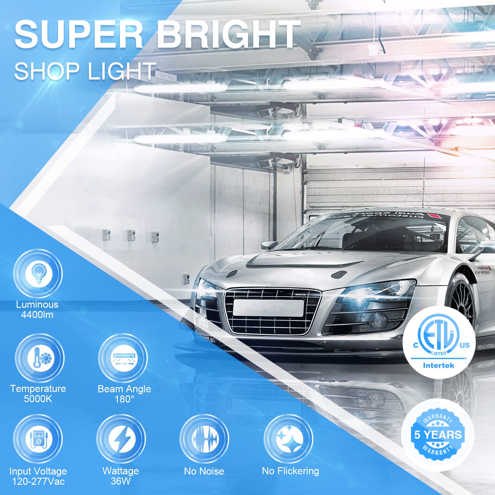 Ensenior 10 Pack Linkable Led Shop Light 4ft for Garage, 4400 High Lumens, 36W Equivalent 280W, 5000K Daylight, 48 Inch Utility shop led lights, Surface or Hanging Mount Fixtures, White, ETL Certified