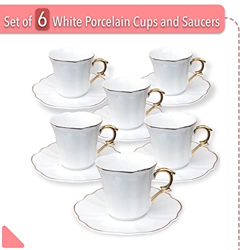 BTaT- Small Espresso Cups and Saucers, Set of 6 Demitasse Cups (2.4 oz) with Gold Trim and Gift Box, Small Coffee Cup, White Espresso Cup, Turkish Coffee Cup, Porcelain Espresso Cup