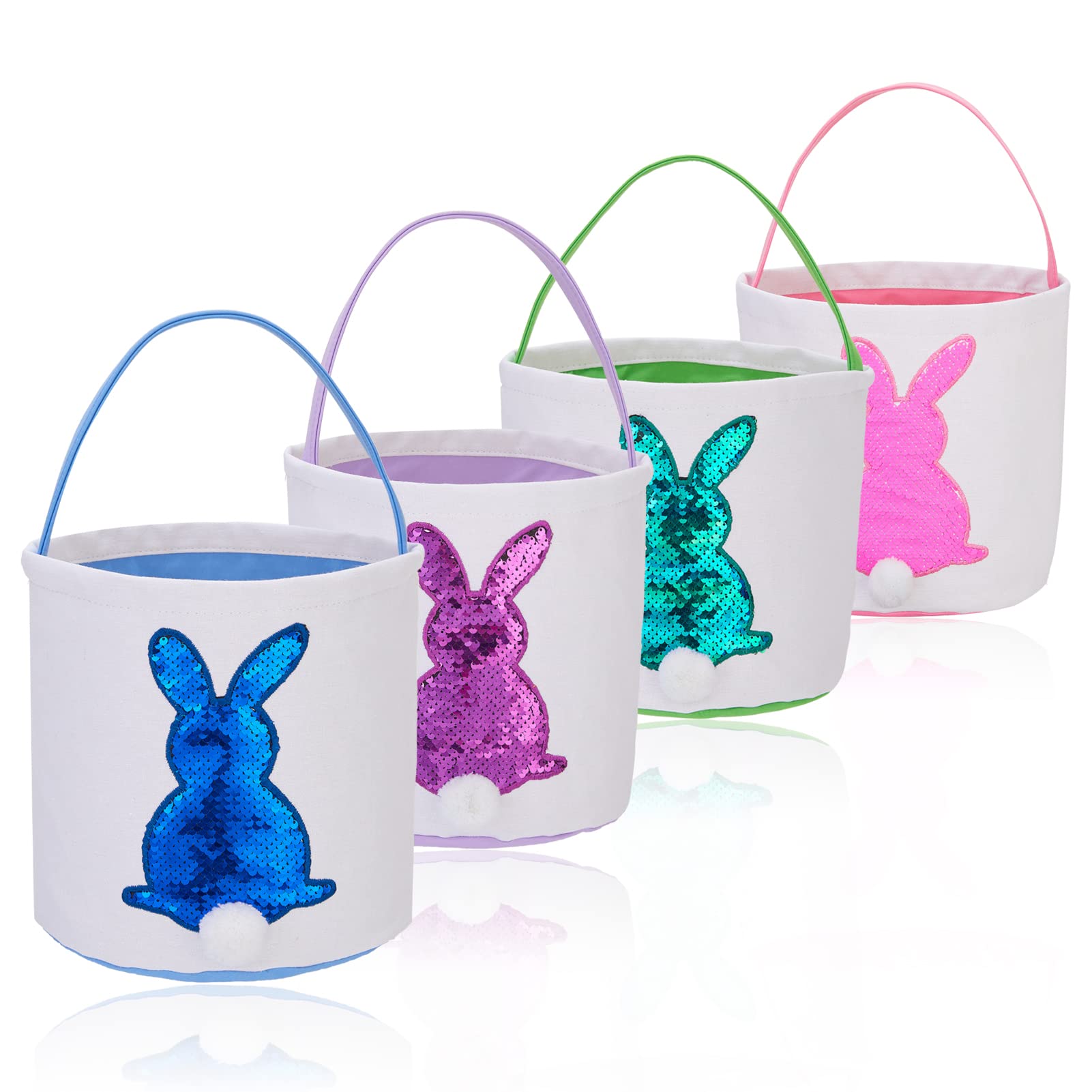 4 Pack Easter Bunny Basket Bags for Kids, Sequins Rabbit Canvas Eggs Hunt Baskets with Fluffy Tails, Tote Bag Candies Gifts Bucket for Easter Party - Blue, Purple, Pink and Green