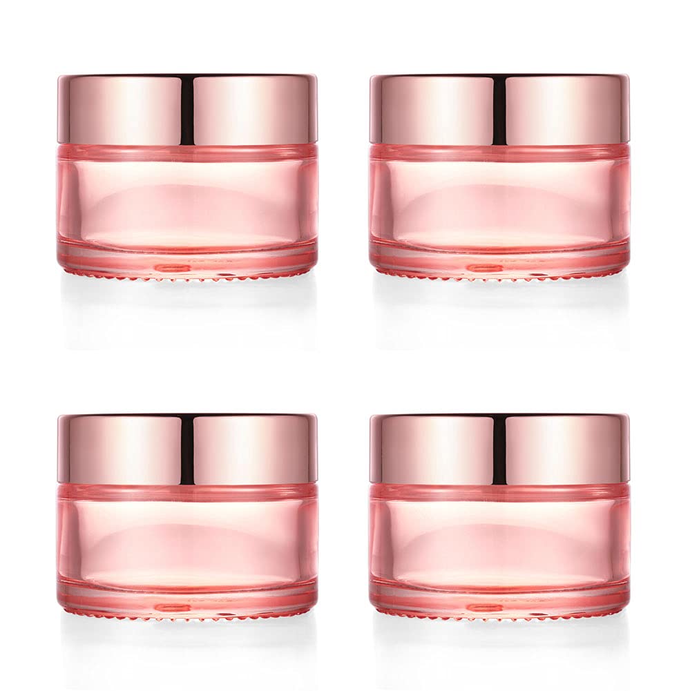 Furnido 4 Pack,1 oz/30ml Pink Glass Face Cream Jar Pot,Empty Thick Glass Cosmetic Cream Jar Container With Rose-Golden Cover,Inner Liners for Moisturizer,Eyeshadow,Makeup Emulsion