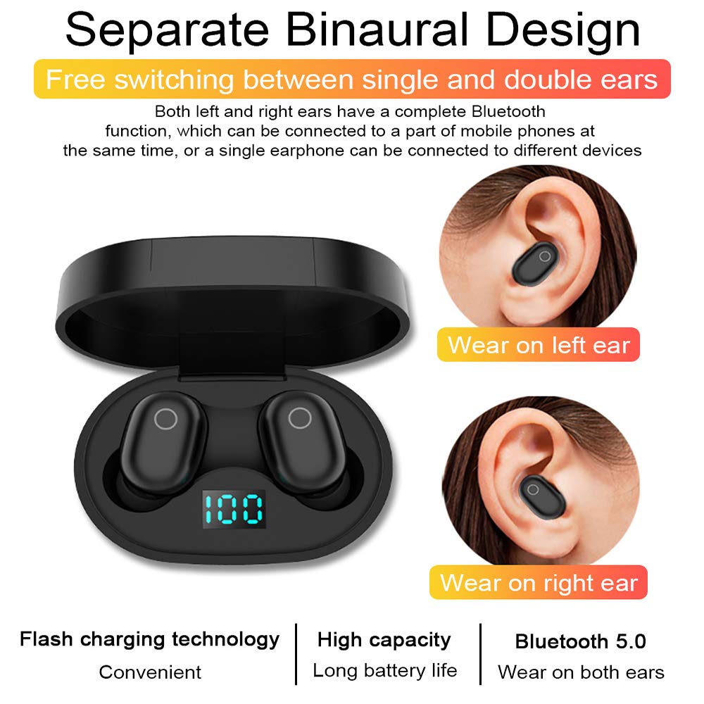 SLuB Wireless Earbuds, Bluetooth 5.0 Wireless Automatic Pairing Earphones,TWS Left and Right Separation Earbuds, Remaining Power Display (with Charging Box)(Black)