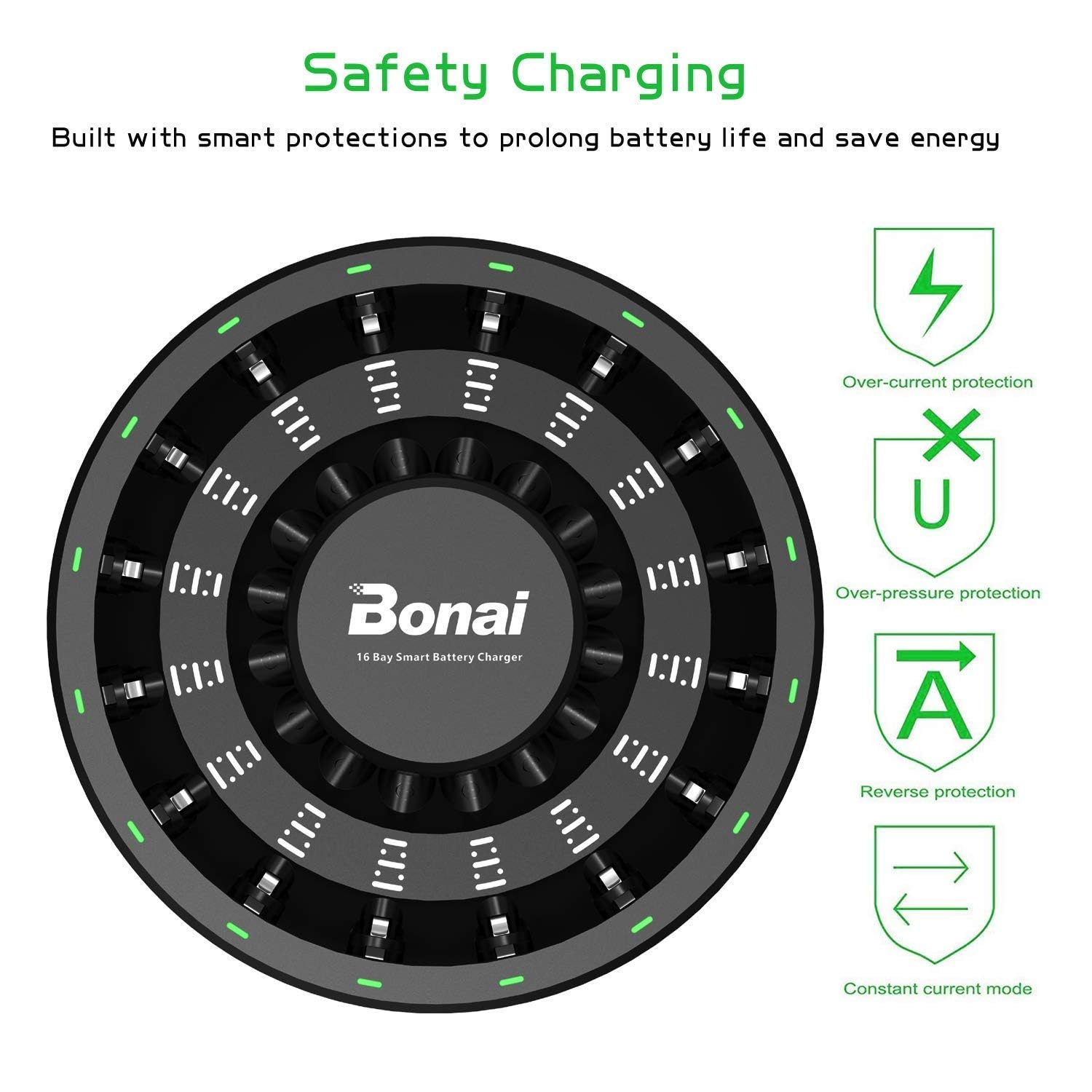 BONAI 16 Bay Battery Charger AA AAA with Rechargeable AA Batteries and Rechargeable AAA Batteries, Ni-Mh Rechargeable Batteries with Charger(Round-Design)