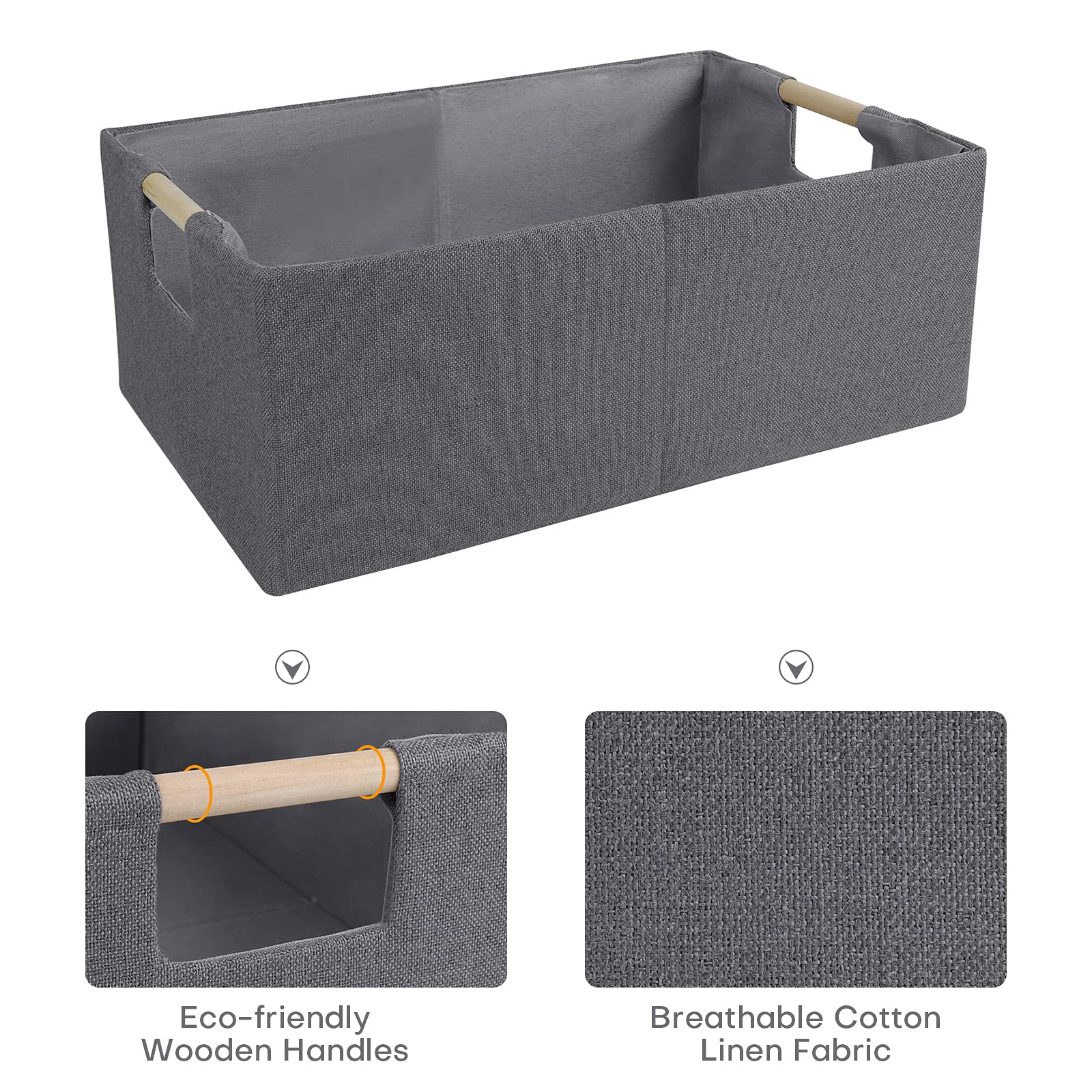 ANMINY 4PCS Storage Baskets for Organizing Collapsible Fabric Storage Bins Boxes with Wood Handles Closet Shelves Cube Organizer Bins Clothes Laundry Storage Container - Large, Gray