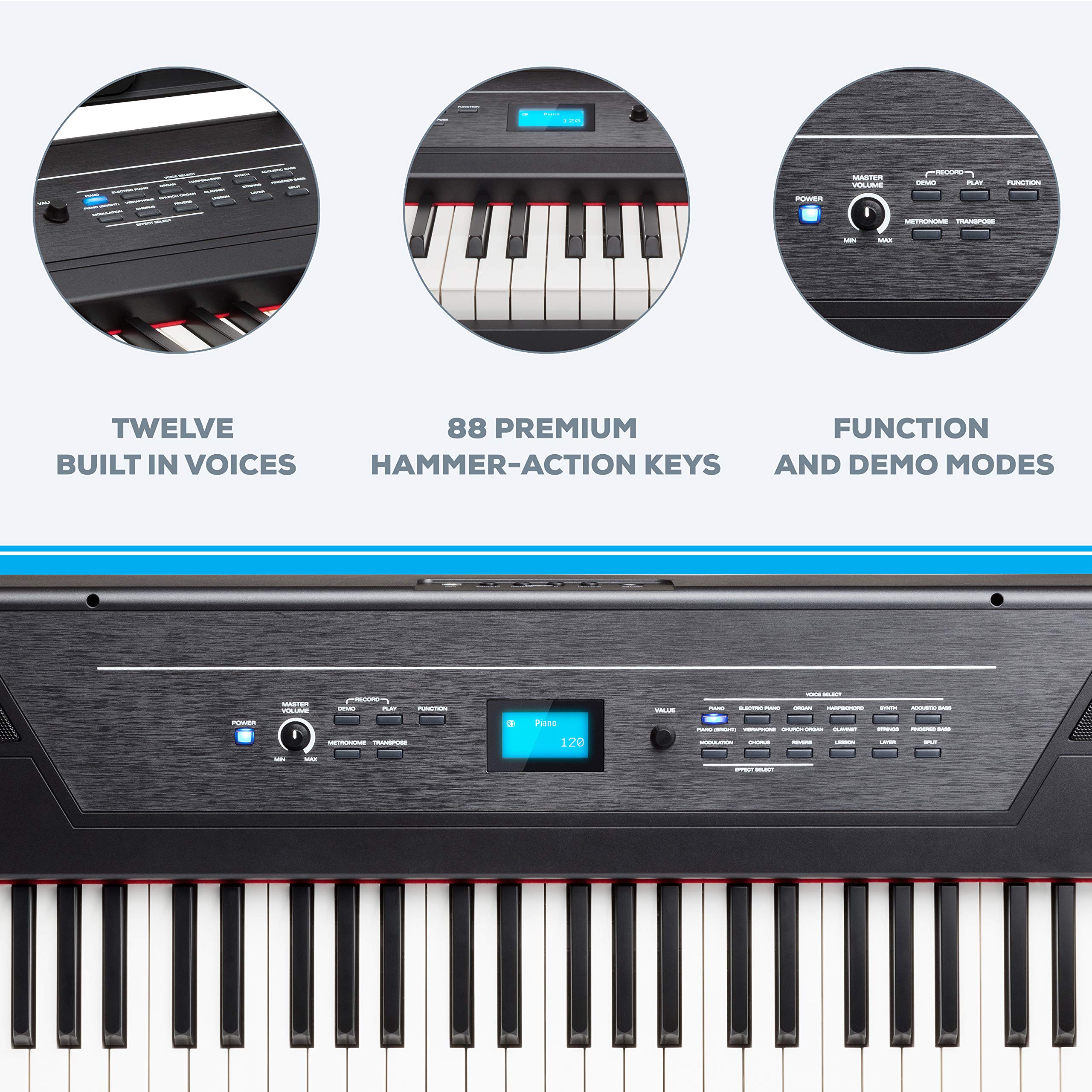 Alesis Recital Pro - 88 Key Digital Piano Keyboard with Hammer Action Weighted Keys & RockJam KB100 Adjustable Padded Keyboard Bench, X-Style, Black