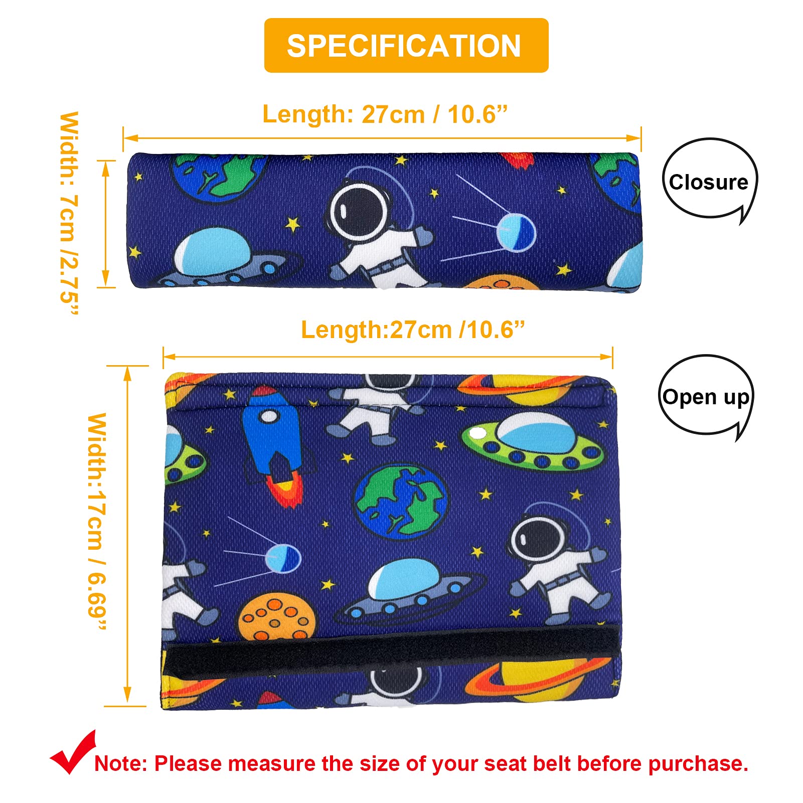 IPOVO Car Seat Belt Pad Cover for Kids,Soft and Comfort Baby Car Seat Belt Strap Covers Cute Unicorn Pattern 2 Pack Harness Pads for Kids (Spaceman)