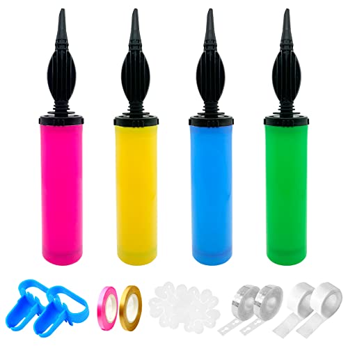 4 Pack Balloon Pump Hand Held for Ballons Inflatable 2-Way Dual Action Inflator Air Pump with 2 Pcs Balloon Tape Strip, 2 Pcs Tie Tools, 2 Pcs Flower Clip, 200 Dot Glue, 2 Rolls Ribbons