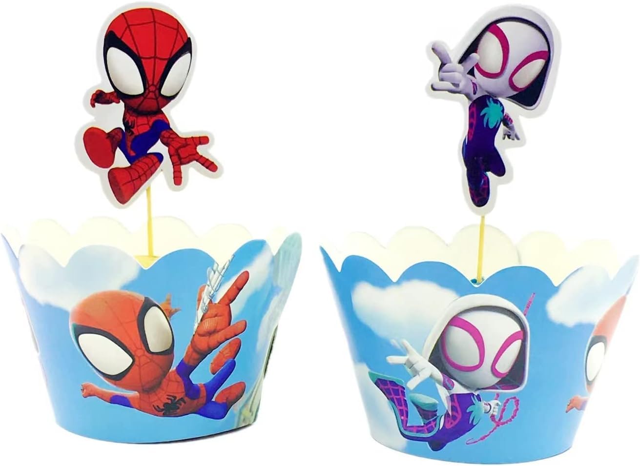 12 Pcs Spider and His Friends Cupcake Decorations, Double Sided Toppers and Wrappers, Superhero Decorations, Boys and Girls Birthday Party Supplies