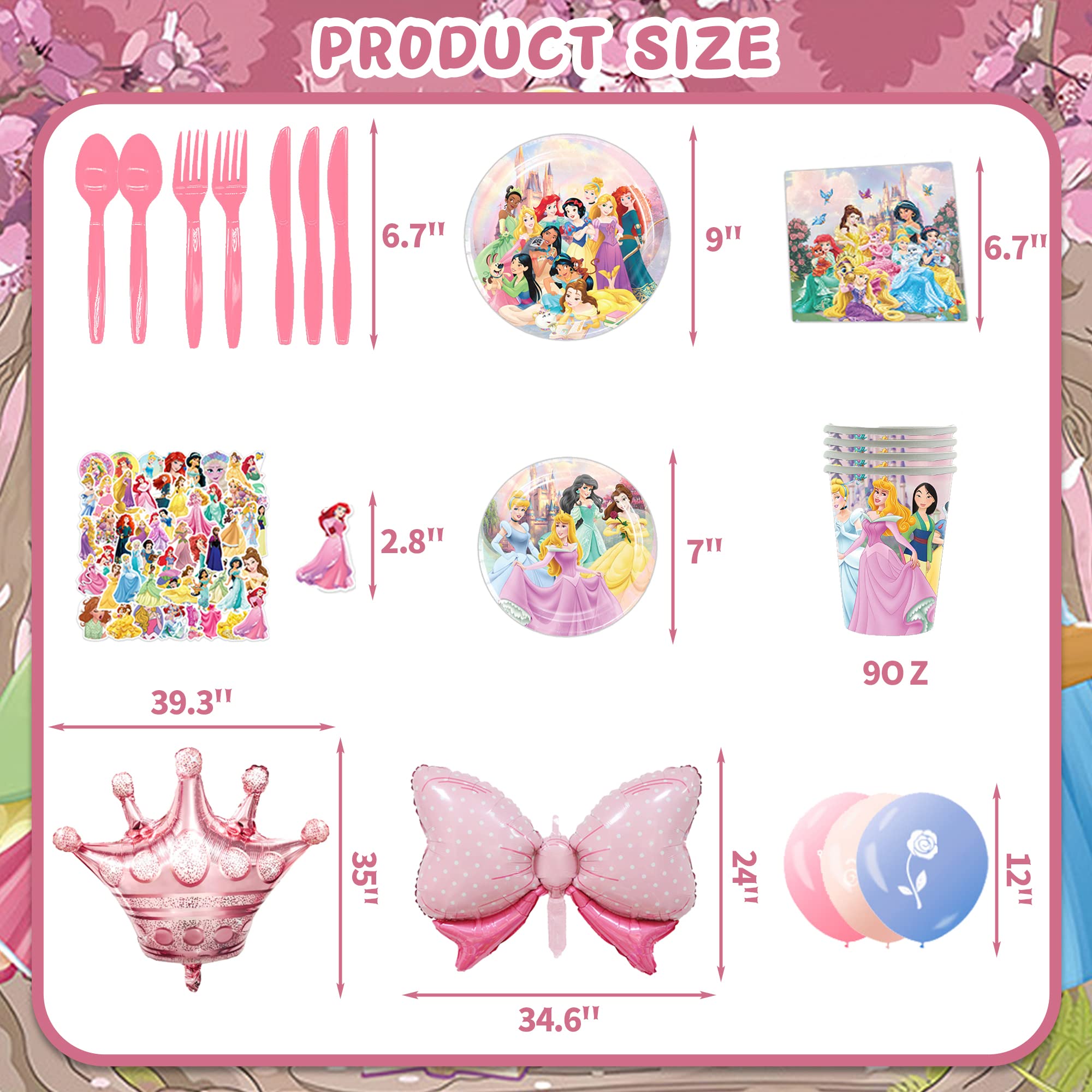 162pcs Princess Birthday Decoration For Girls,With Balloon,Cake Toppers, Pennants ,Invitation letter,Stickers, Plastic Swirls, Tableware,Paper Cup,Tablecloth, Backdrop For Girls Theme Party