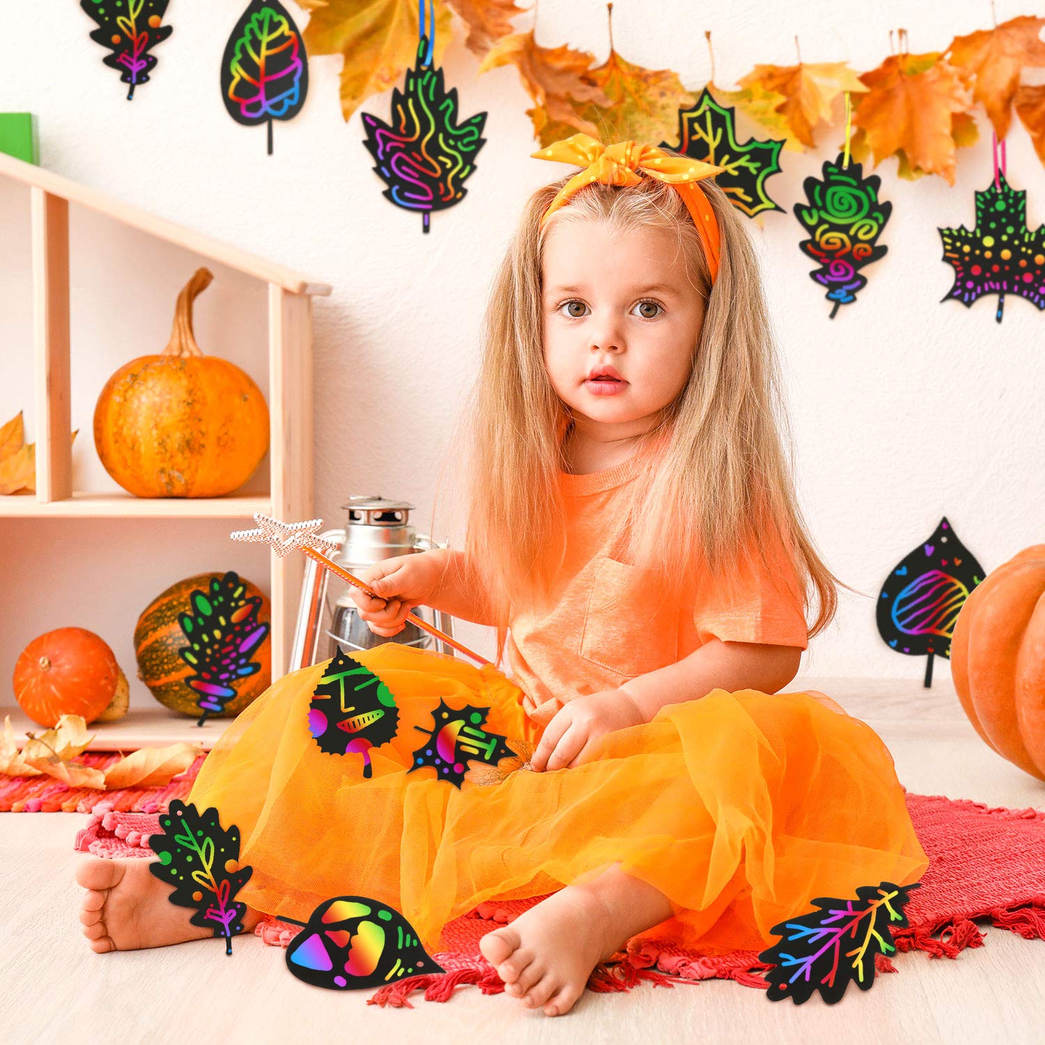 50 Pieces Scratch Fall Leaves Colorful Scratch Leaves Scratch Rainbow Art Paper with Ribbons and Wooden Stylus for Thanksgiving Harvest Party (Black)