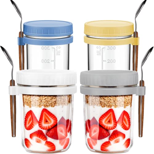 4 Pack Overnight Oats Containers with Lids and Spoons, 12 oz Airtight Mason Overnight Oats Jars, Meal Prep Container Reusable for Cereal, Fruit, Chia Pudding, Salad, Milk with Measurement Mark