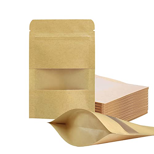 FireKylin 100 Pcs Resealable Bags,3.5" x 5.5" Stand Up Kraft Paper Bags with Matte Window, Zip Lock Food Storage Bags for Packaging Products, Reusable, Sealable