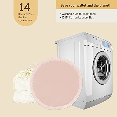 Langsprit Leak-Proof Reusable Bamboo Nursing Pads(14 Pack),Super Absorbent Washable Breast Pads with Laundry Bag (Morandi, Round)
