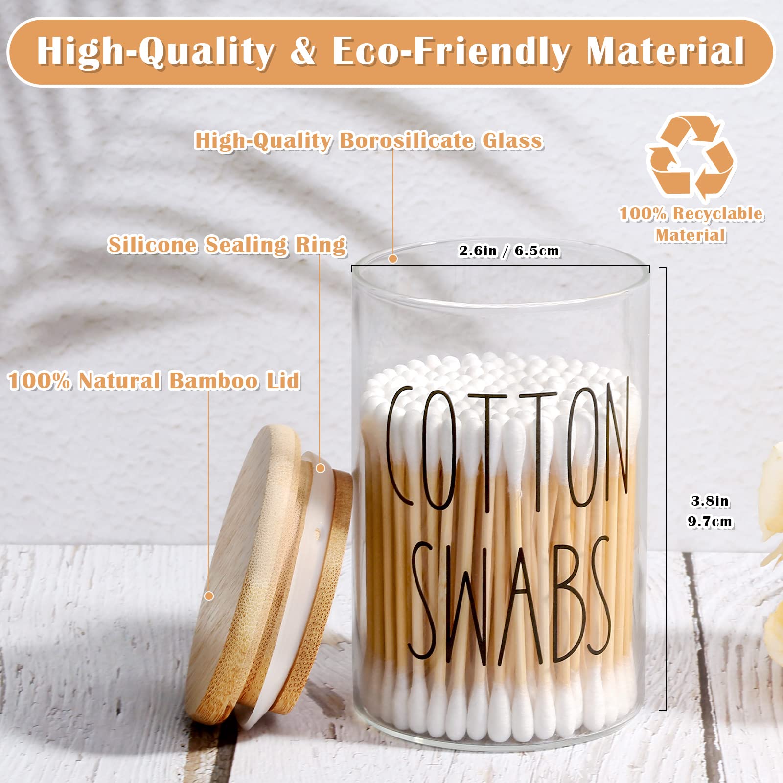 4 Pack Qtip Holder with Lid Set, 10oz Clear Glass Canister Apothecary Jars Bathroom Organizers and Storage Accessories Vanity Essential Containers for Cotton Swab, Cotton Ball, Cotton Pads, Floss Pick