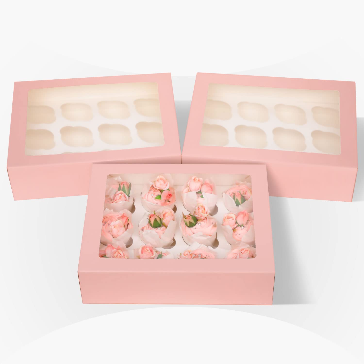 12 Cupcake Containers 10-Packs Pink Cupcake Box Cupcakes Carrier, 12 Cupcake Boxes with Window 13"x10"x3.5"(Auto-pop up)