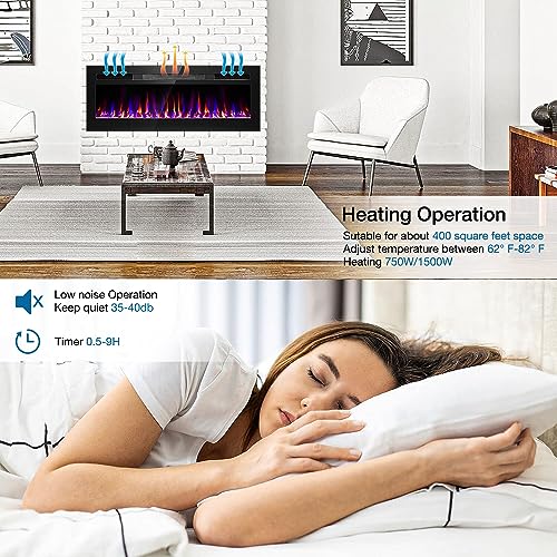 50 Inch Electric Fireplace Recessed and Wall Mounted, Fireplace Heater and Linear Fireplace, Ultra-Thin Electric Fireplace, Low Noise, with Timer, Remote Control, Adjustable 12 Flame Color, 750/1500W