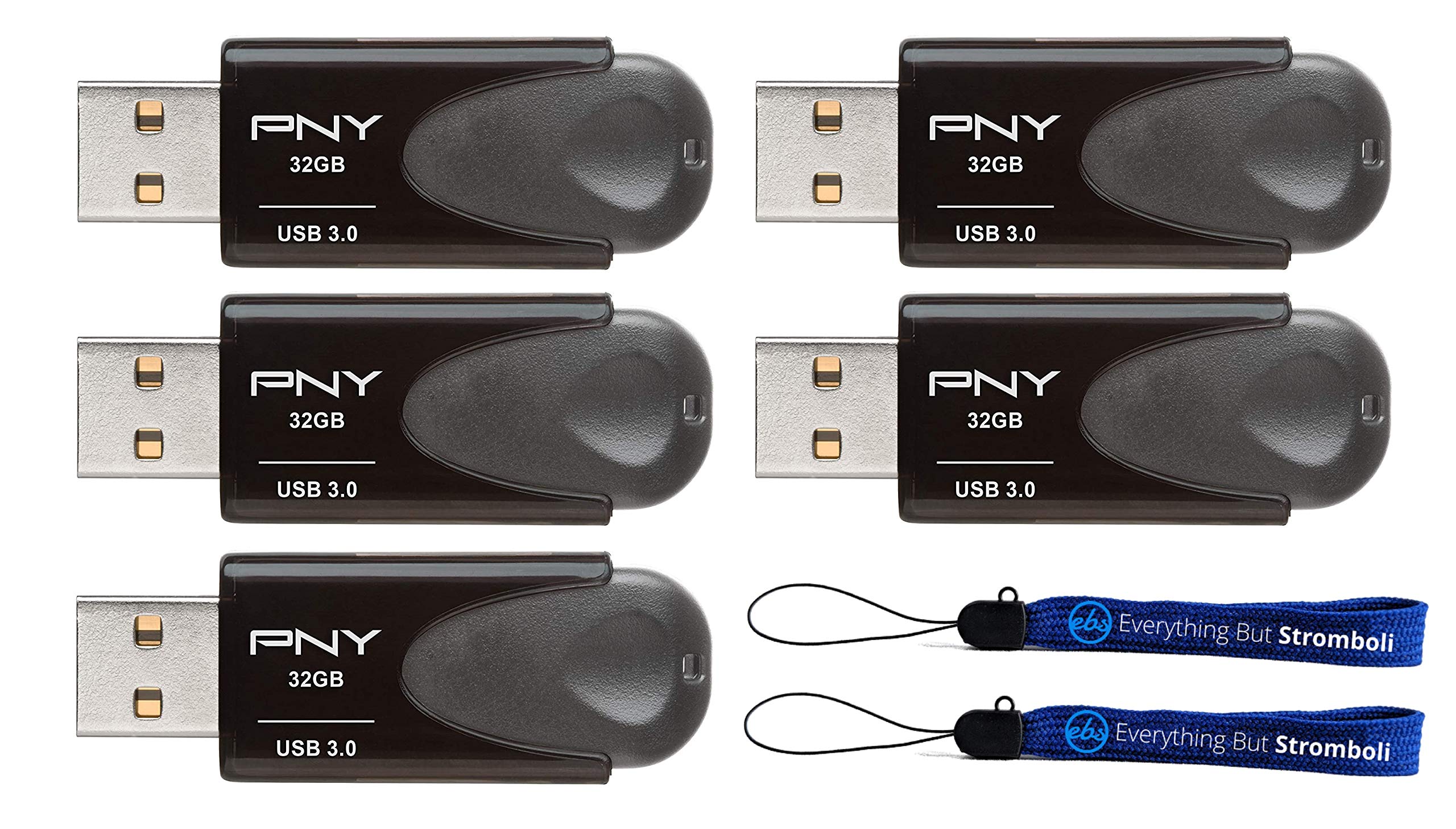 Generic PNY 32GB USB 3.0 Flash Drive Turbo Attaché 4 (Bulk 5 Pack) Works with Computer (P-FD32GTBAT4-GE) Bundle with (2) Everything But Stromboli Lanyards