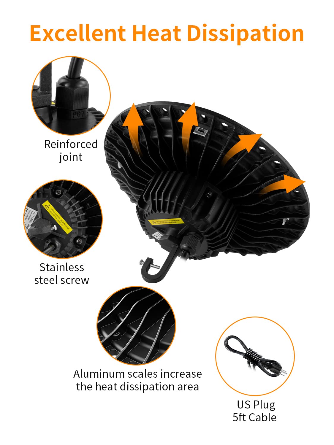 LED High Bay Light, 100W 12000LM UFO LED High Bay Lights with US Plug 5' Cable, Eqv.400W MH/HPS, 6500K Super Bright LED Shop Lights IP65 Area Light Fixture Bay Lighting for Garage Factory Workshop