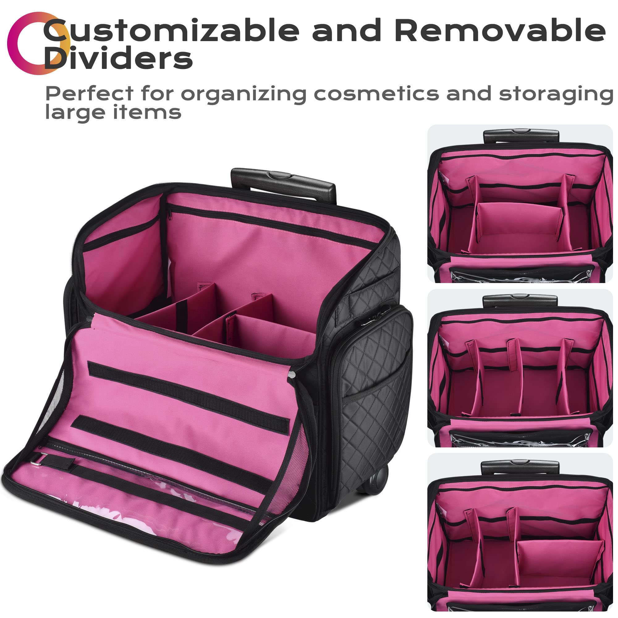 BYOOTIQUE Rolling Makeup Train Case Hairstylist Traveling Bag Carry On Barber Case Suitcase with Adjustable Dividers Cosmetic Bag with wheels for Hairdressing Tool Organizer Makeup Salon Nail