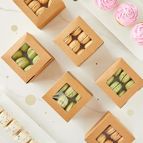 50 Pack 4x4x2 Dessert Boxes with Window, Bulk Bakery Containers for Cookies, Mini Pies, Cupcakes (Kraft Paper)