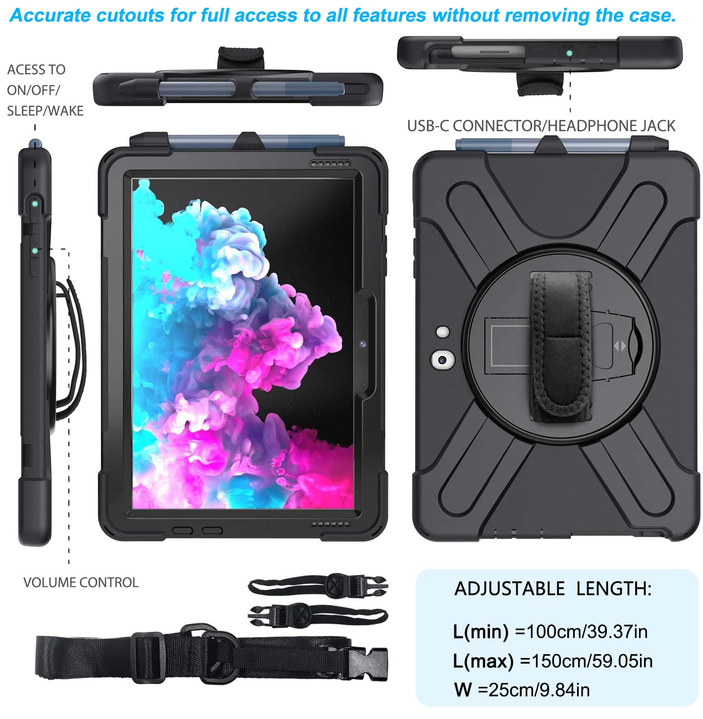 DreamerX Microsoft Surface Go 4 10.5 Inch (2023)/ Surface Go 3 2021/ Surface Go 2 (2020)/ Surface Go Case 10" (2018) with Hand Strap Stand Carrying Shoulder Strap Kids Friendly Shockproof Cover, Black
