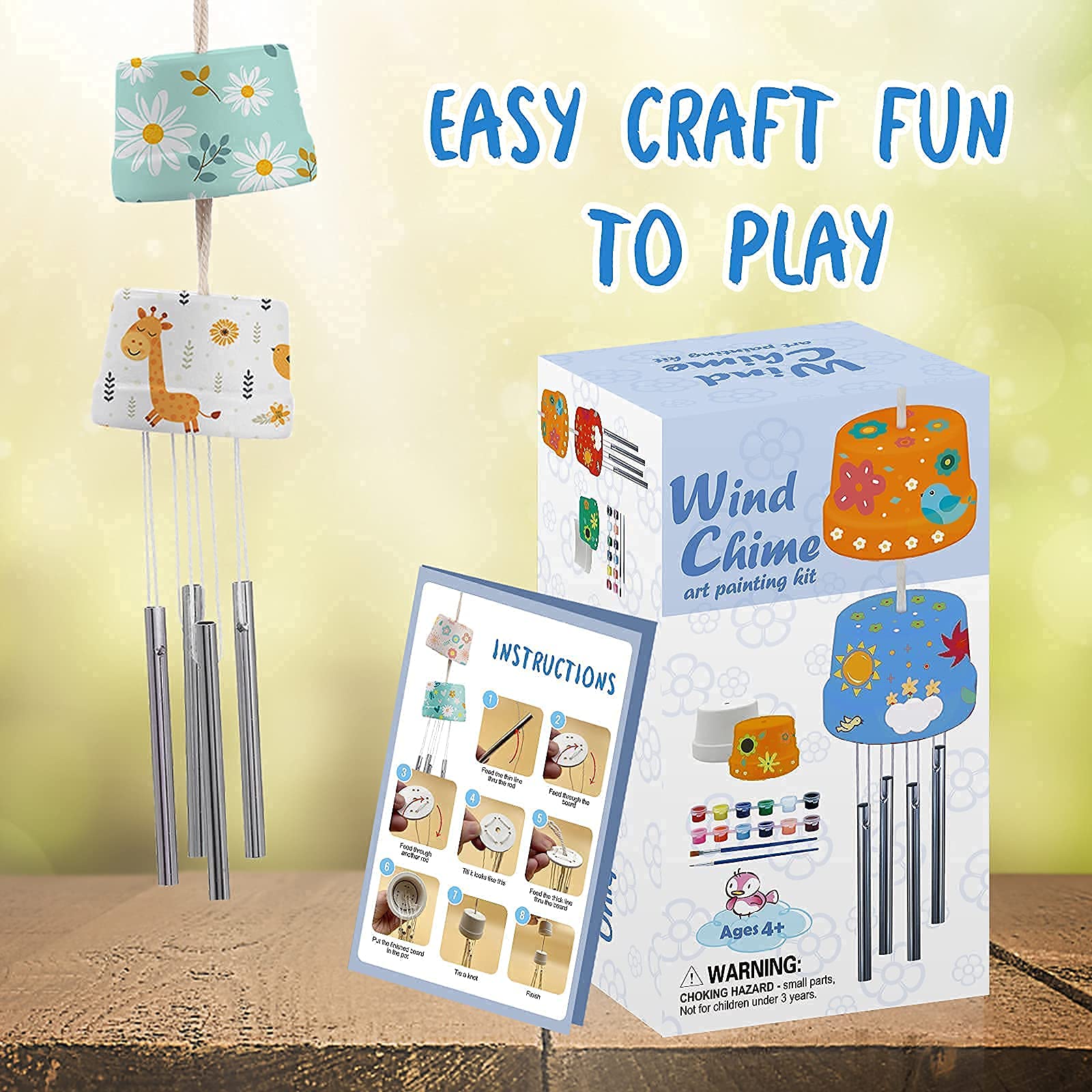 2-Pack Wind Chime Kit Arts and Crafts DIY Wind Powered Musical Chime Gift for Boys and Girls Construct & Paint Crafts for Kids Ages 4 5 6 7 8