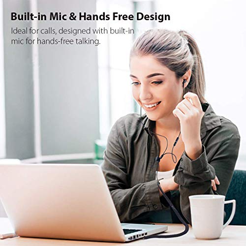Avantree Long Cord Earbuds for TV & PC, 18ft / 5.5m Extension Cable Earphones with Mic & Extra Long Spring Coil Wire, Metal Stereo in-Ear Wired Bass Headphones for 3.5mm Audio Output Devices - HF027