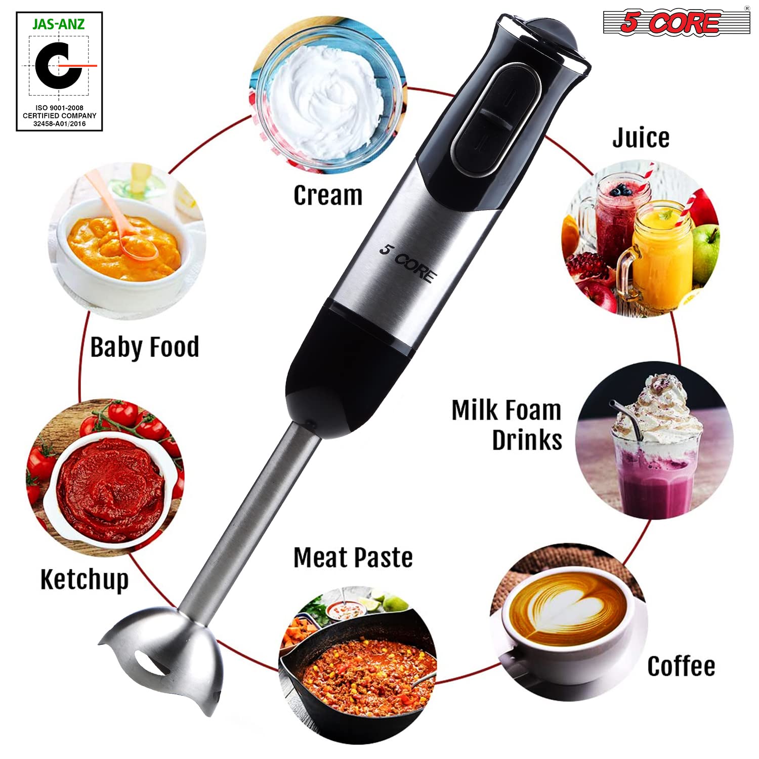 5 Core Immersion Blender Handheld Electric Whisk Hand Blender 8-Speed 500W Hand Held Stick Blender with Food Grade Stainless Steel Blades for Perfect for Smoothies Puree Baby Food Soup