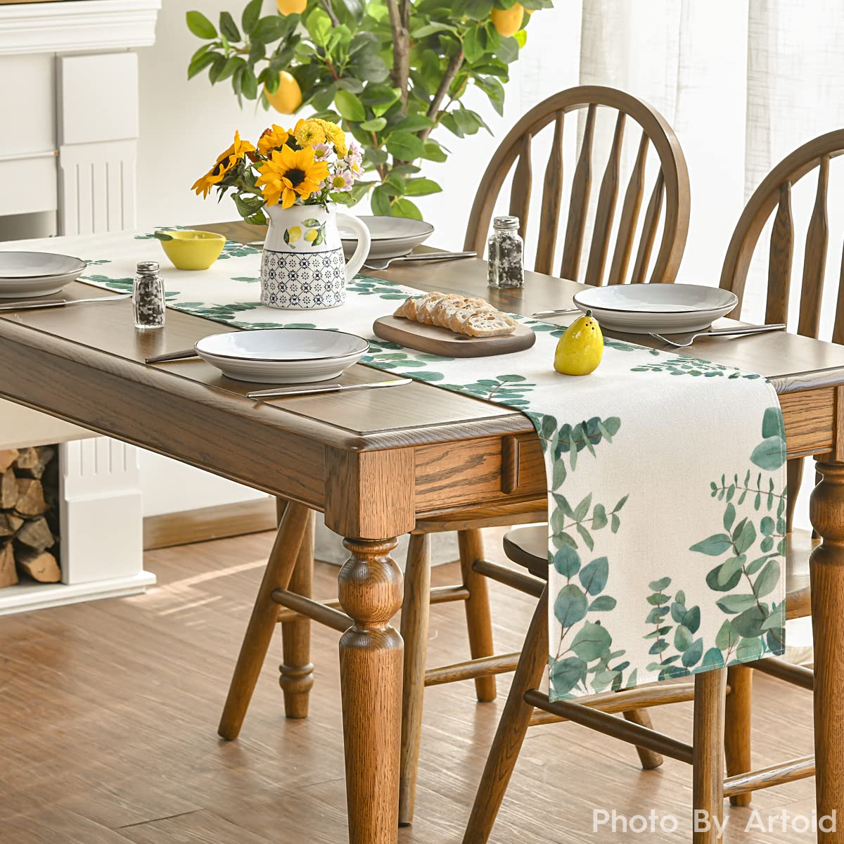 Artoid Mode Eucalyptus Leaves Table Runner, Seasonal Spring Summer Green Plants Holiday Kitchen Dining Table Decoration for Home Party Decor 13 x 72 Inch