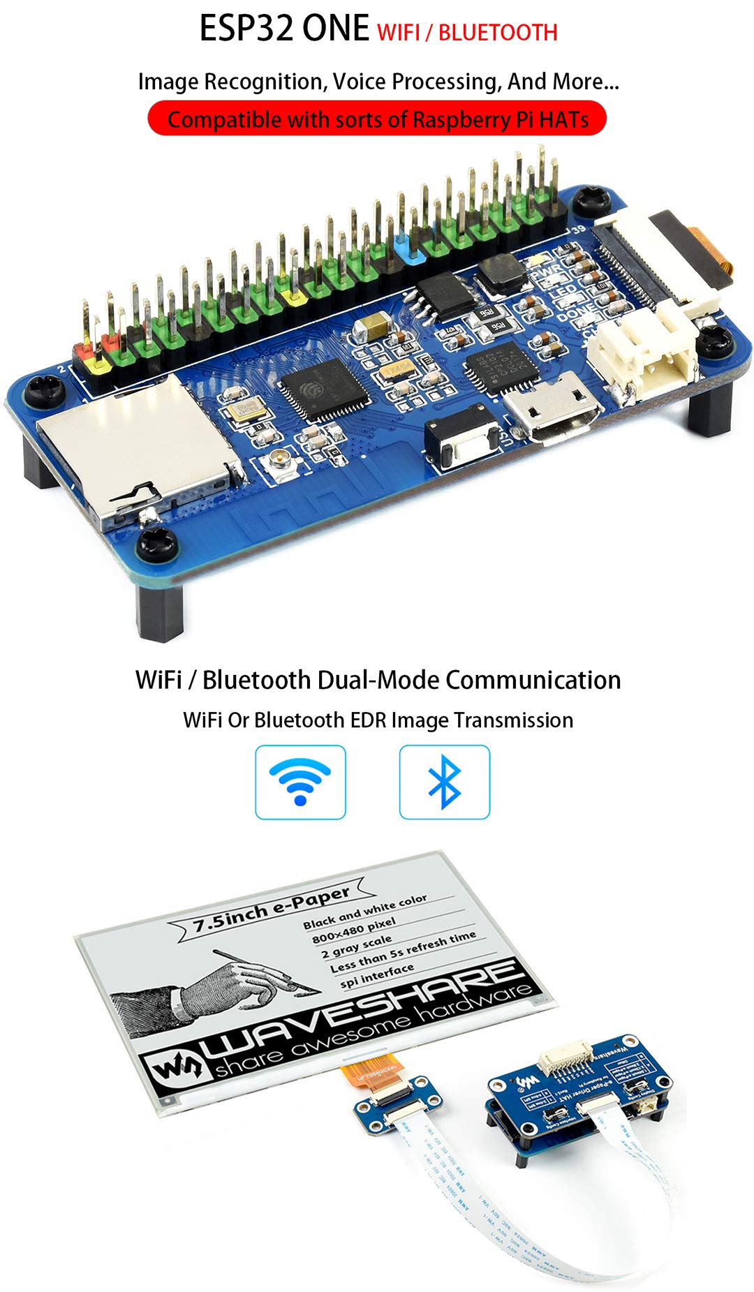 ESP32 One Mini Development Board with WiFi/Bluetooth for Raspberry Pi Hats Support Image Recognition Voice Processing Compatible with Arduino and ESP-IDF Software SDK (Without Camera)