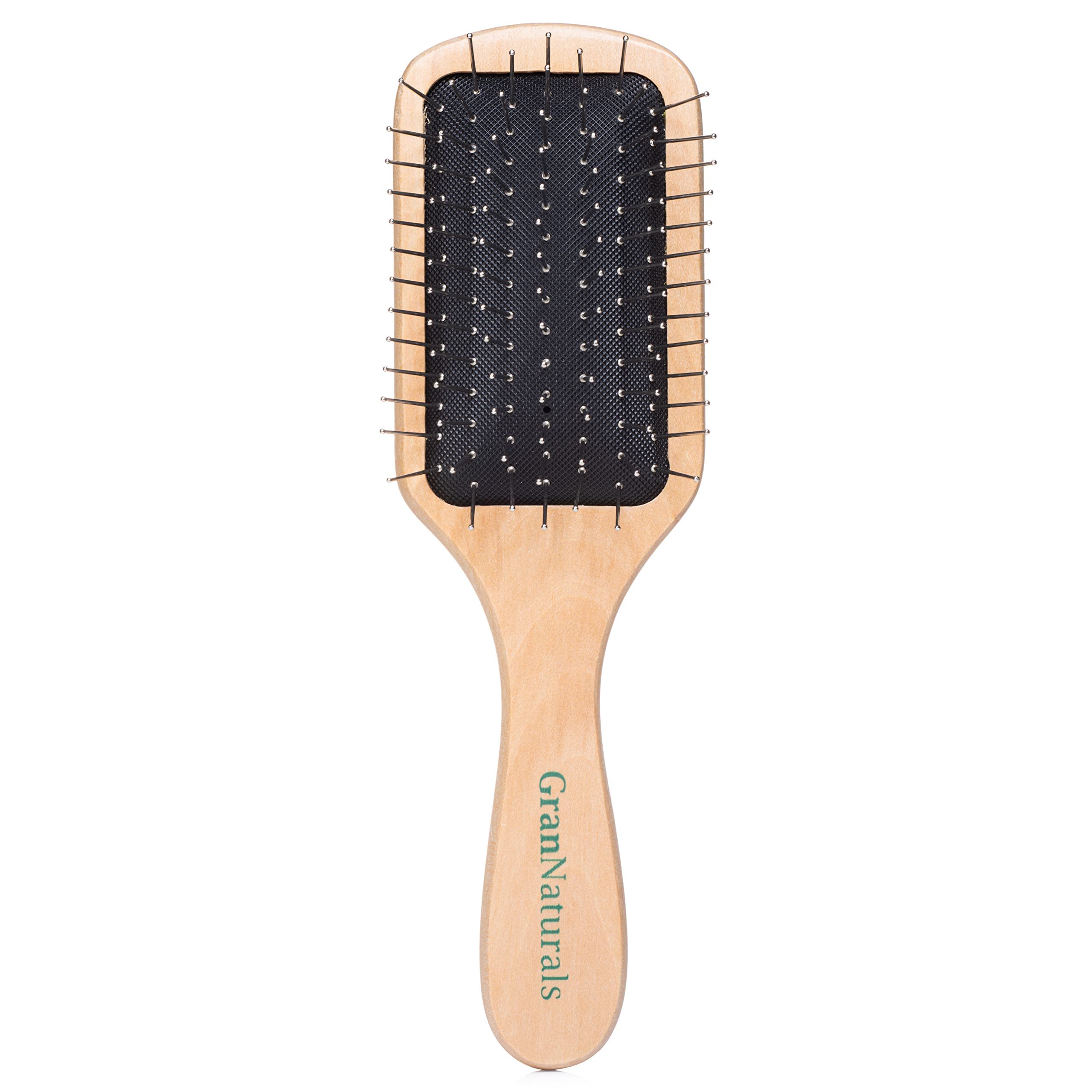 GranNaturals Metal Pin Bristle Hair Brush - Detangling, Anti-Static Paddle Grooming Tool - Rounded Steel Bristles, Ergonomic Wooden Handle - Scalp Massaging Comb - For Normal, Curly, Thick Hair, Wigs