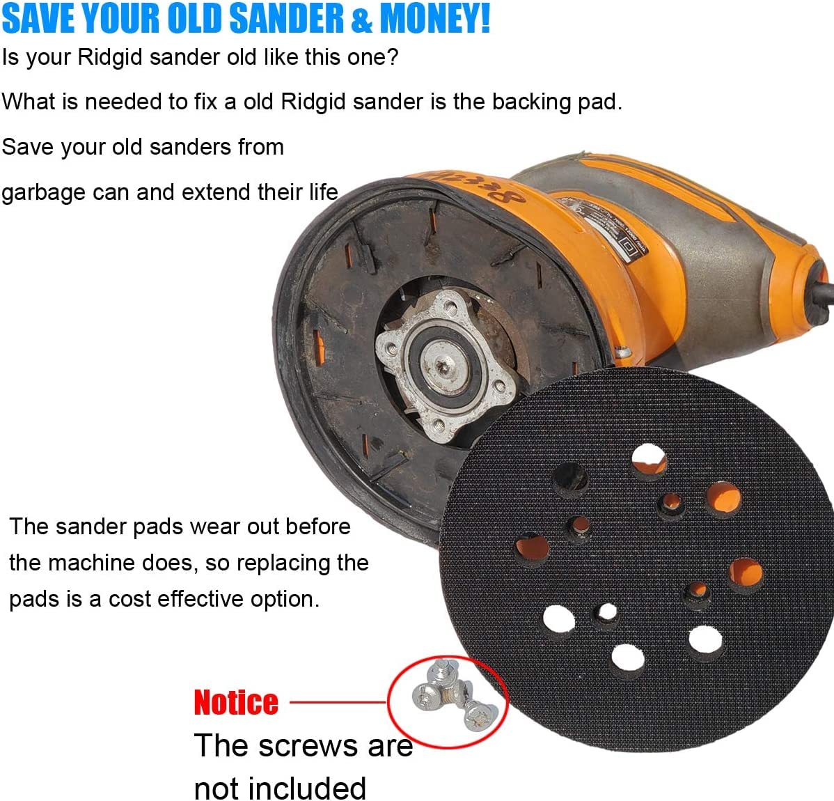 2 Pack 5 Inch 8 Hole Hook and Loop Sander Pad for Ridgid R2600, R2601 5" Random Orbit Sanders - Replacement Backing Sanding Pad for Pad Part Number 300527002